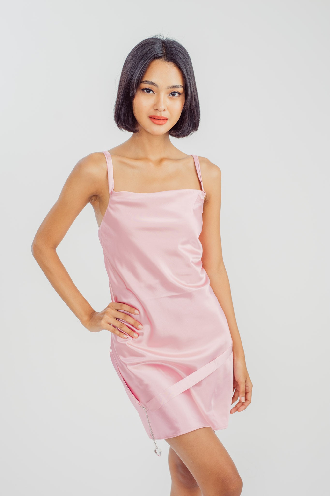Kaila Pink Silk Cowl Neck Sleeveless 2-Strap Mini Dress with Belt – Love, Ara