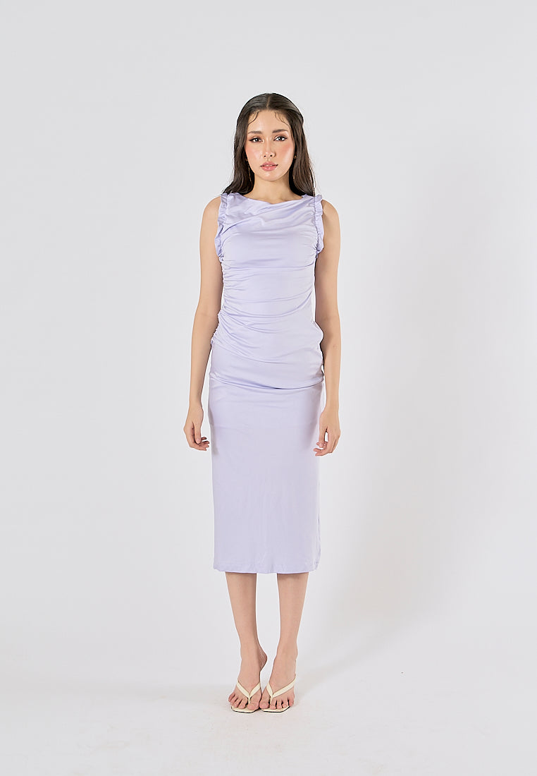 Corrine Lilac Crew Neck Pleated Sleeveless Back slit Midi Dress – Love, Ara