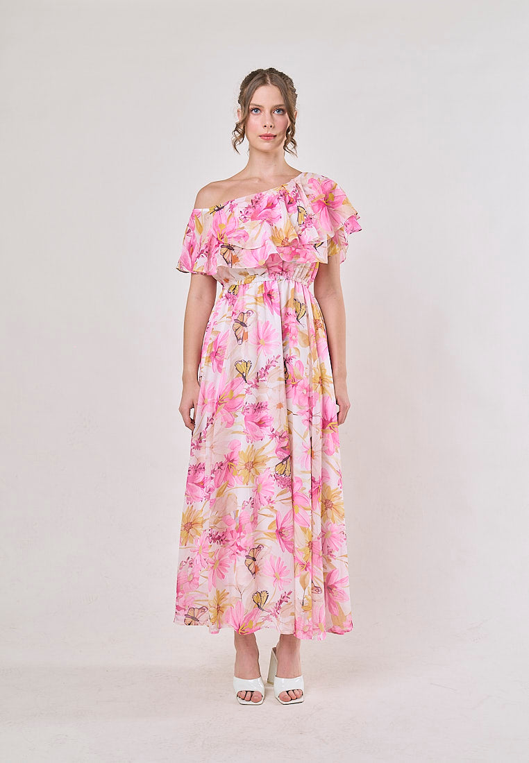 Thanh Pink Floral Pint Smocked Waist Asymmetrical Maxi Dress – Love, Ara