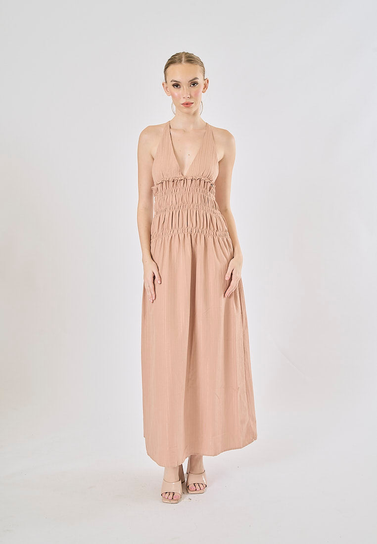 [FOR RENT] Verona Tea Rose V-Neck Back Hollow Out Elastic Waist Midi D ...