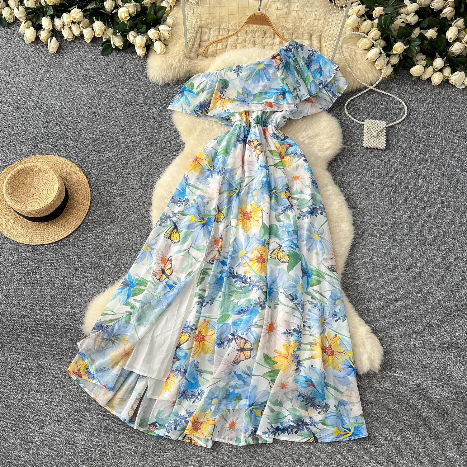 Thanh Blue Floral Pint Smocked Waist Asymetrical Maxi Dress – Love, Ara
