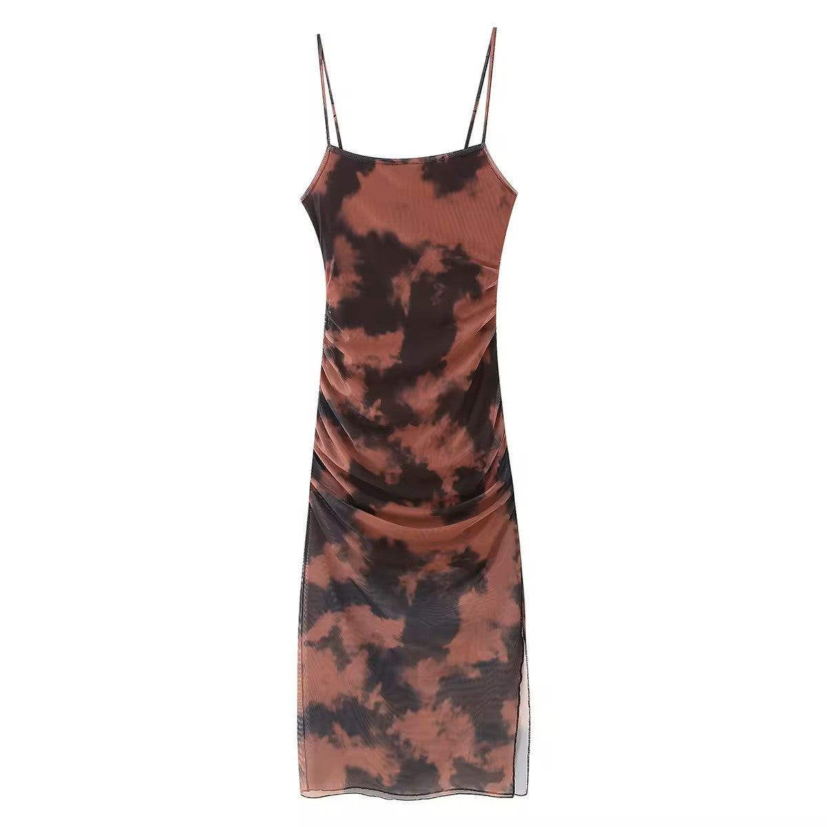 Lanna Multi Color Print Mesh Ruched Cami Midi Dress – Love, Ara