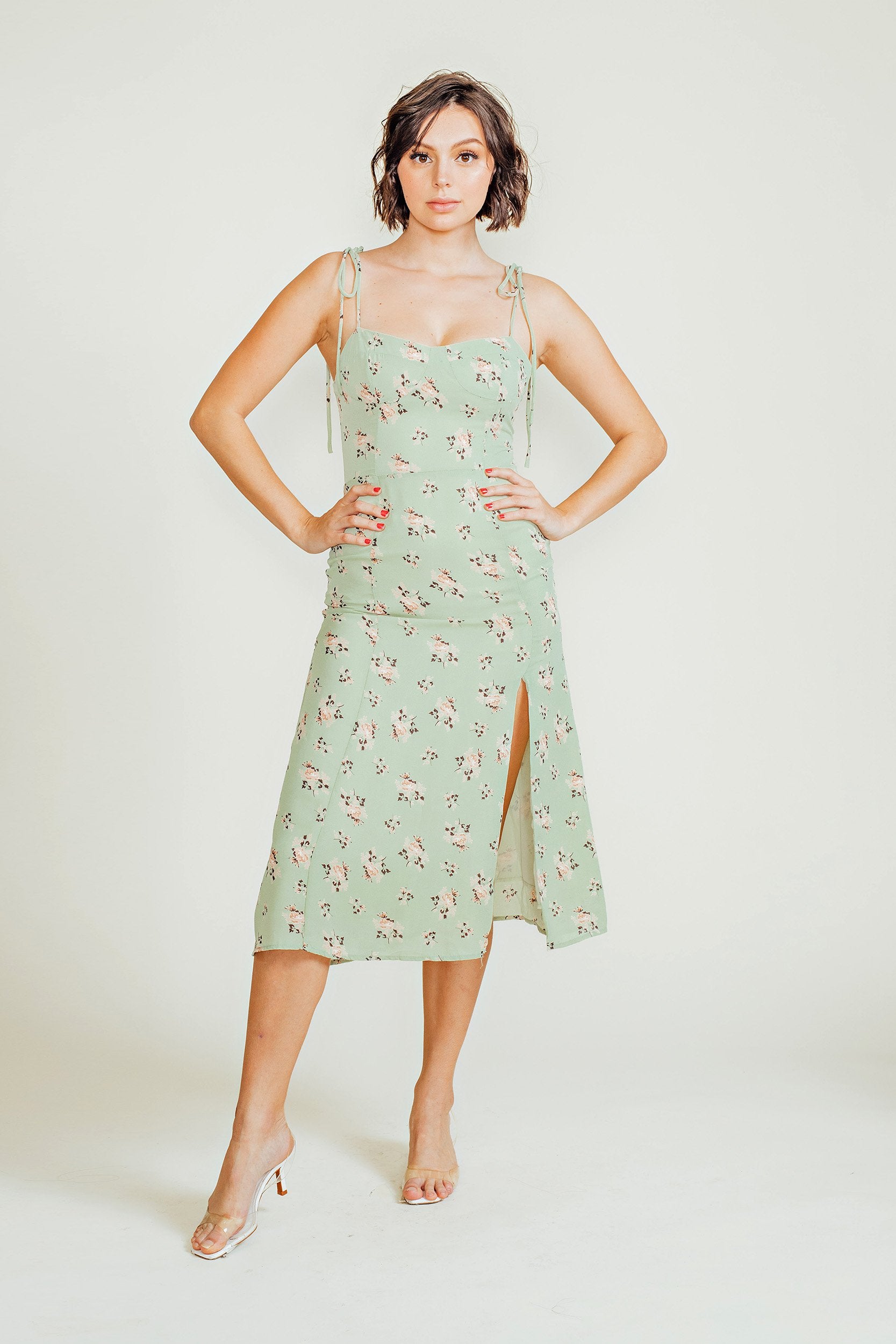 Mallory Green with Pink Floral Print Sweetheart Neckline Sleeveless Se ...