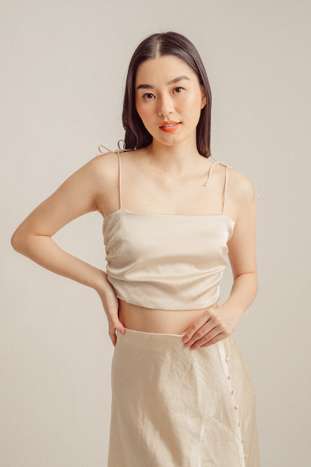 Adelaide Beige Self-Tie Spaghetti Strap Tube Crop Top – Love, Ara